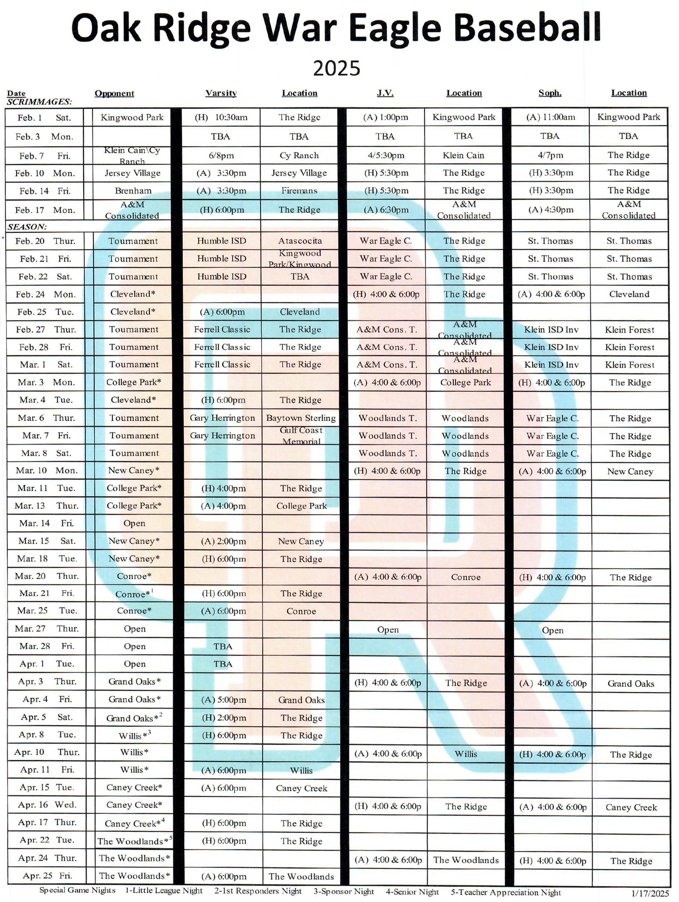 GAME DAY EVENTS – Oak Ridge Baseball